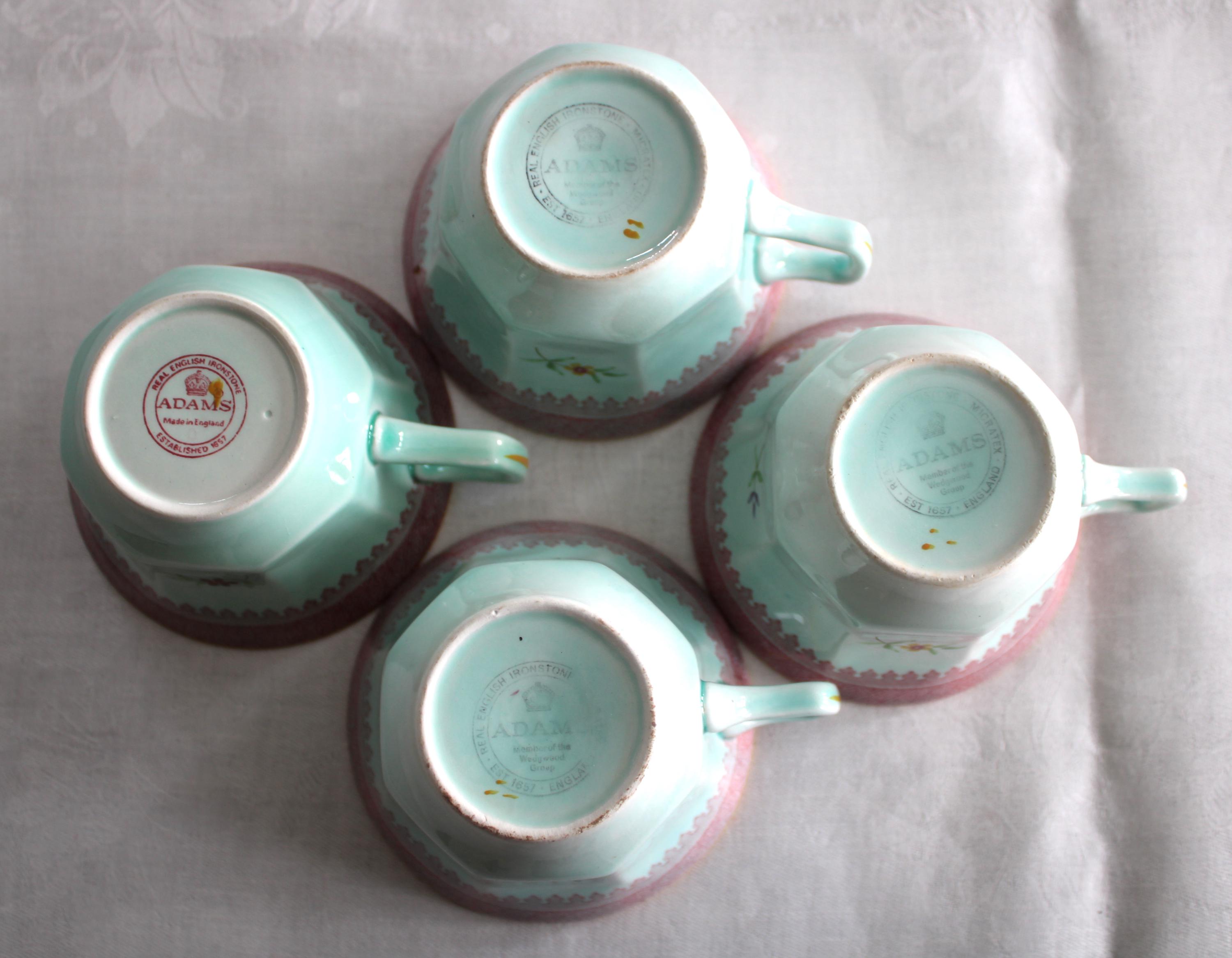 4 Antique Hand Painted English Adams Calyx Ware Cups and Saucers ...