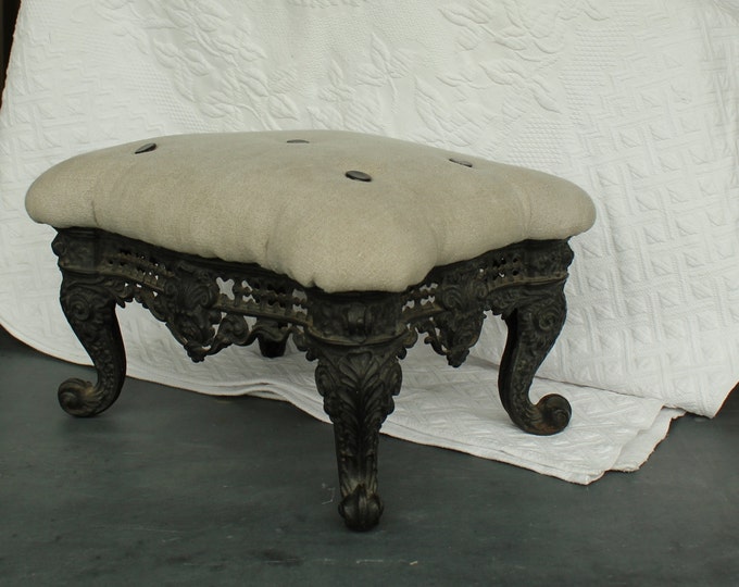 Antique Victorian Cast Iron Foot Stool With Linen Upholstery - Etsy