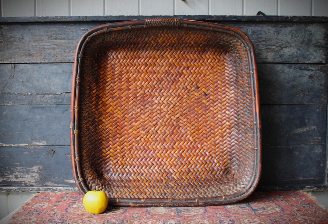 Vintage Square Asian Woven Rattan Rice Grain Winnowing Tray With ...