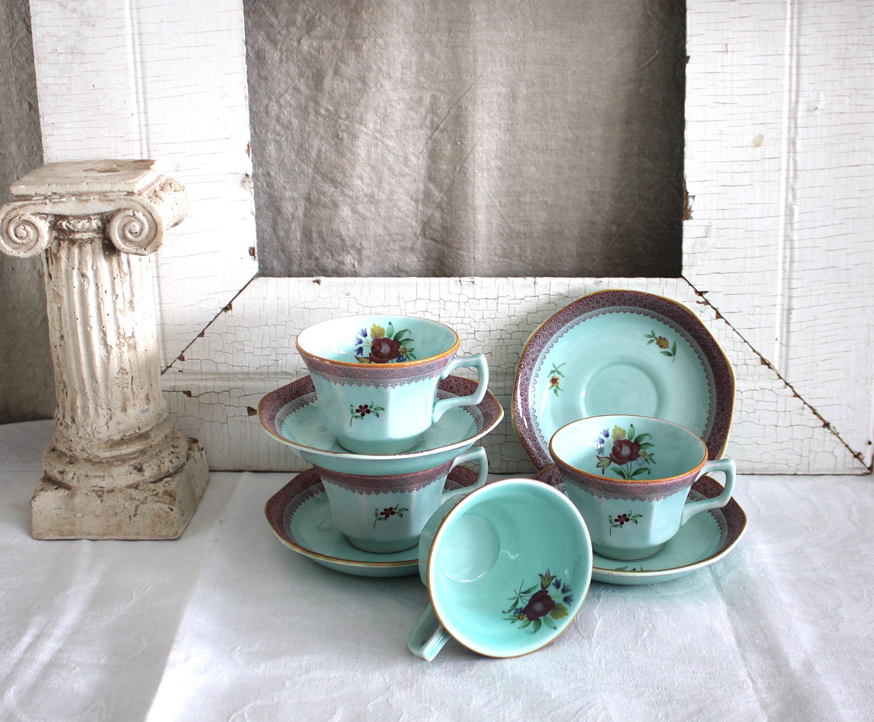 4 Antique Hand Painted English Adams Calyx Ware Cups and Saucers ...