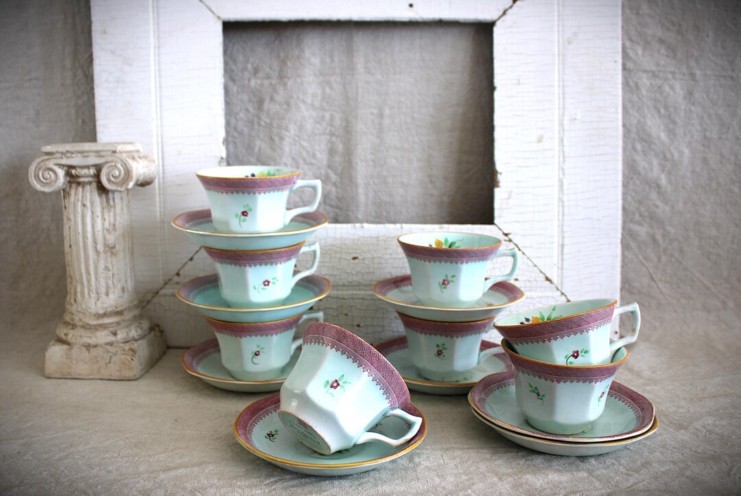 8 Antique Hand Painted English Adams Calyx Ware Cups and Saucers ...