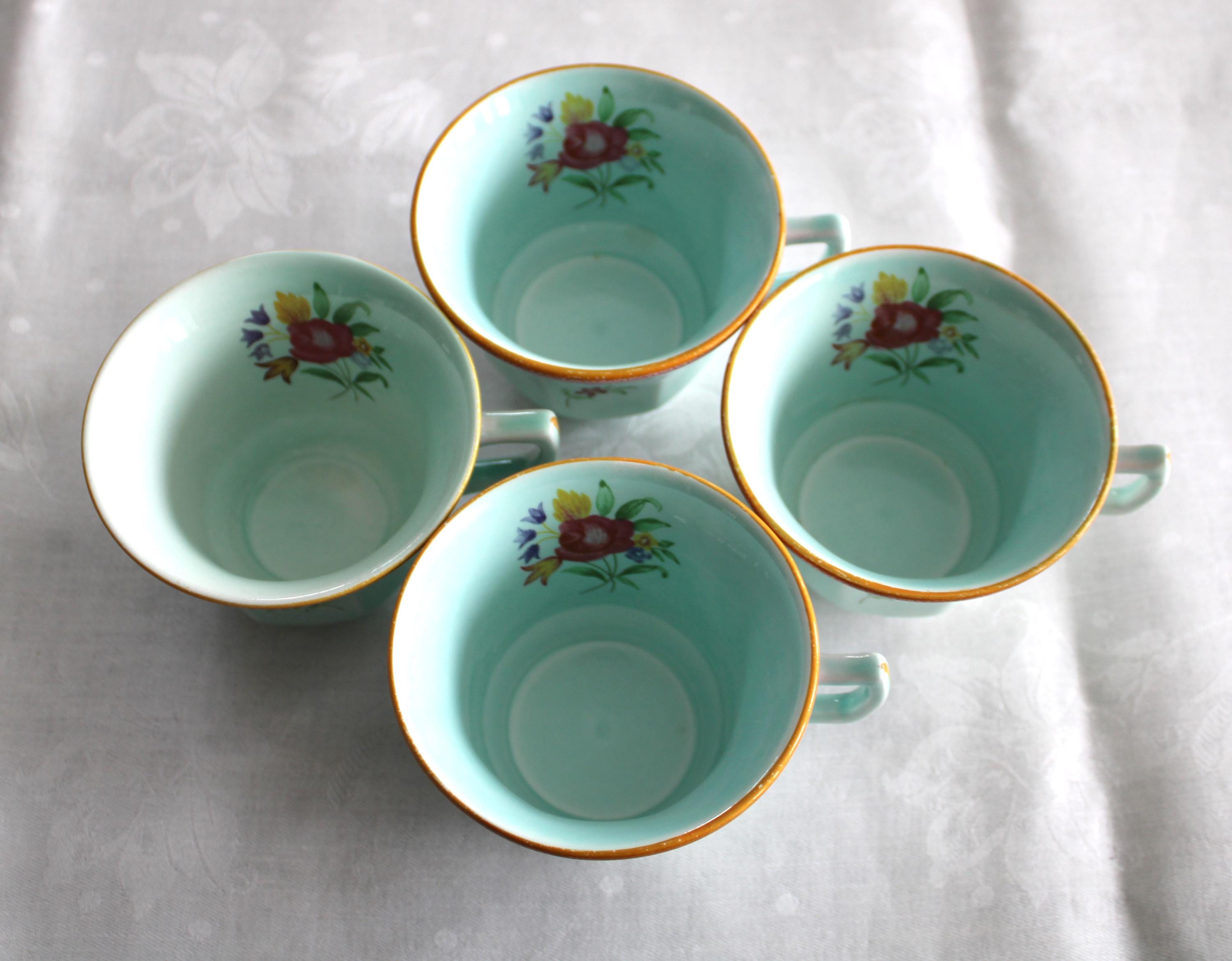 4 Antique Hand Painted English Adams Calyx Ware Cups and Saucers ...