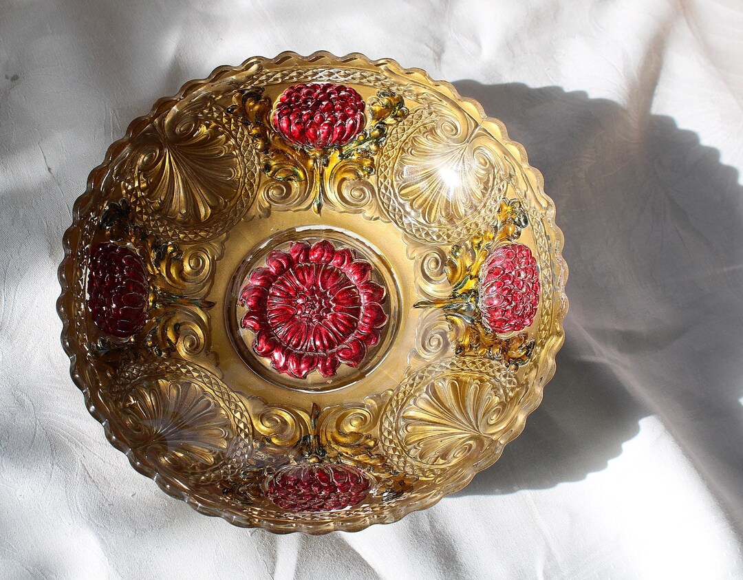 Antique Gleaming Goofus Glass Bowl Gold With Red Chrysanthemums - Etsy