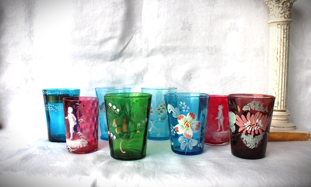 8 Antique Victorian Hand Painted Glass Tumblers Jewel Tone Mismatch - Etsy