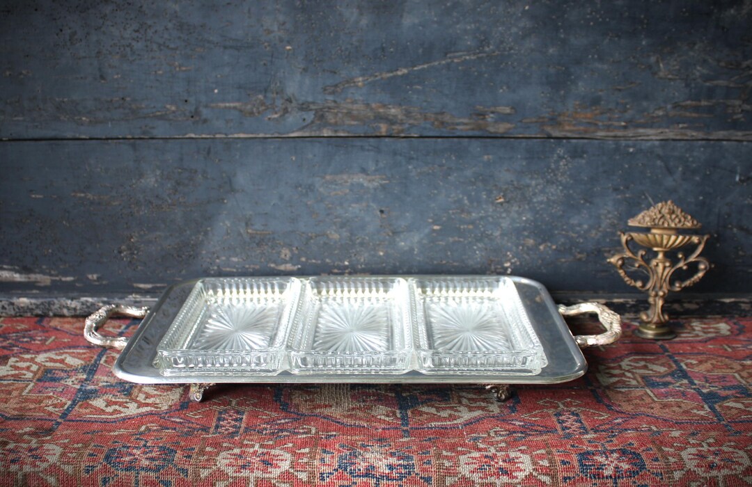 Vintage Silverplate Relish Serving Tray Platter With 3 Glass Inserts - Etsy