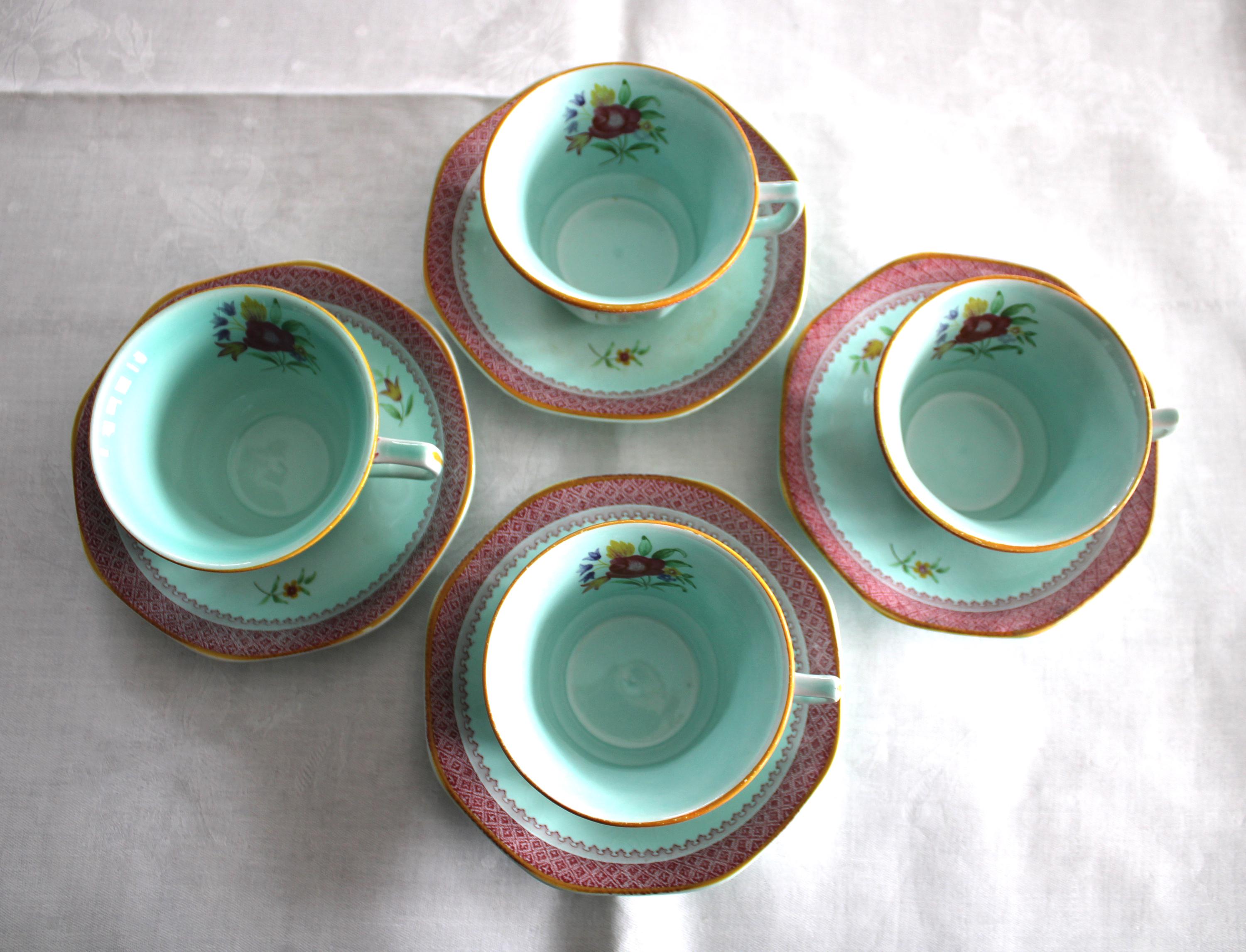 4 Antique Hand Painted English Adams Calyx Ware Cups and Saucers ...