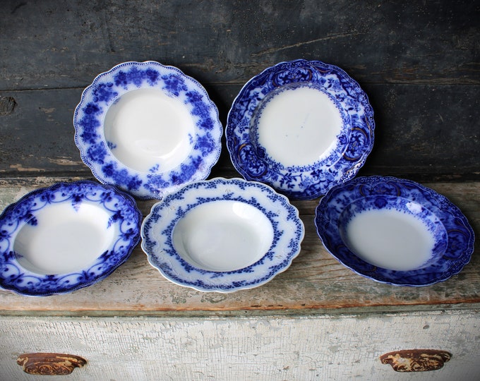 5 Antique English Staffordshire Flow Blue Soup Bowl Plates Mismatched ...