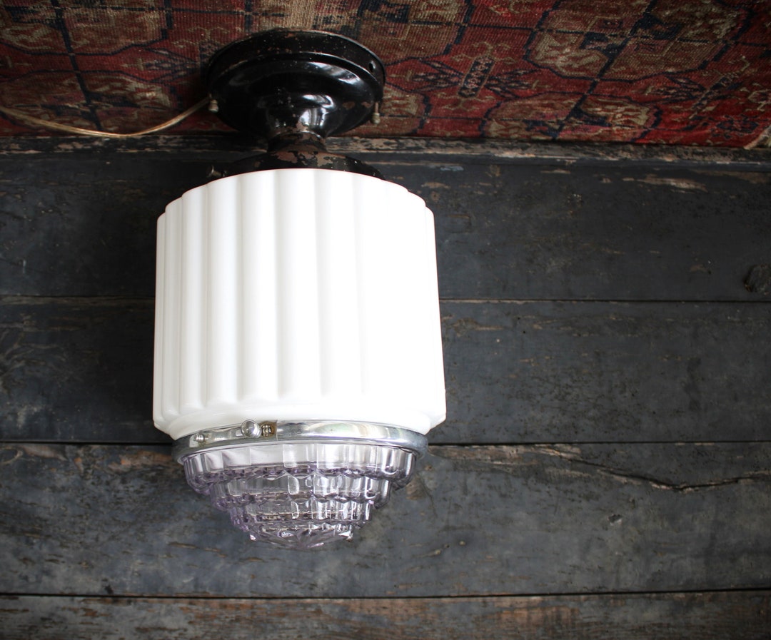 Antique Art Deco Fluted White Milk Glass With Clear Base School House ...