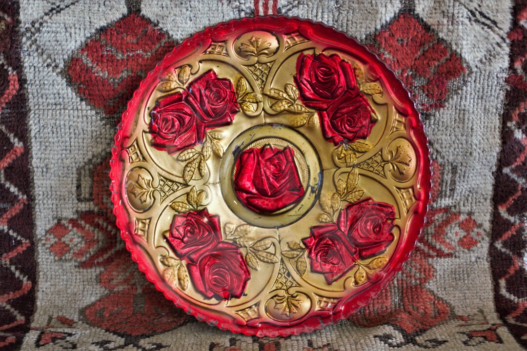 Antique Gleaming Goofus Glass Plate With Roses - Etsy