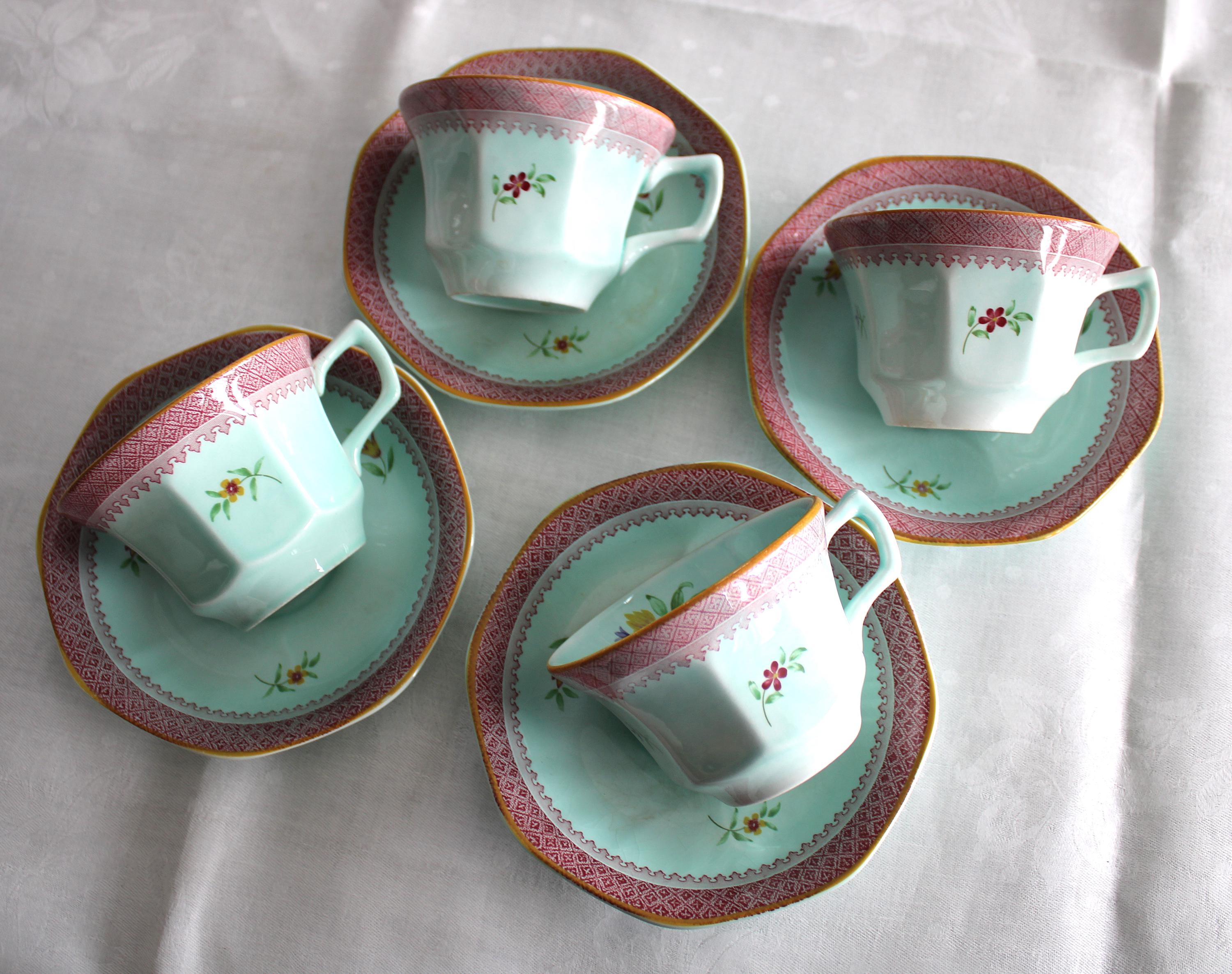 4 Antique Hand Painted English Adams Calyx Ware Cups and Saucers ...