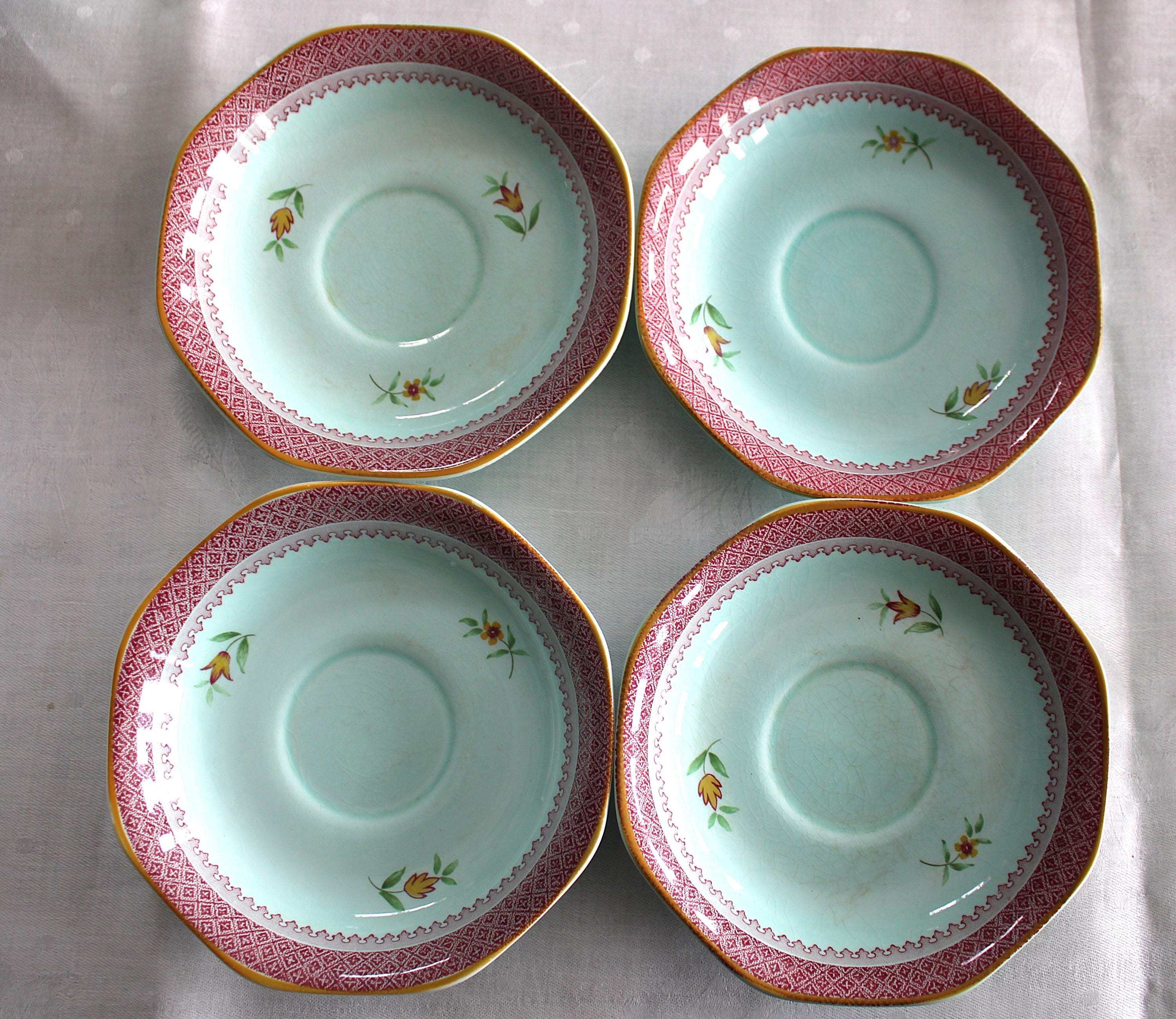 4 Antique Hand Painted English Adams Calyx Ware Cups and Saucers ...