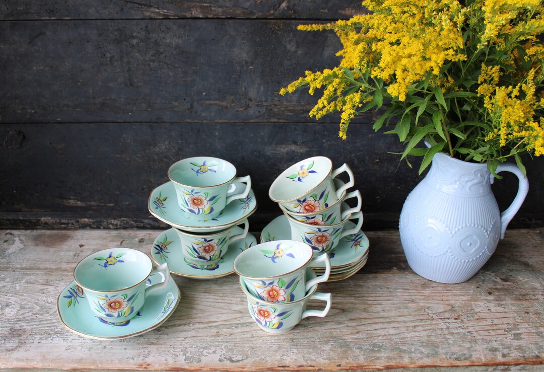 8 Antique of Hand Painted English Adams Calyx Ware Cups and Saucers ...