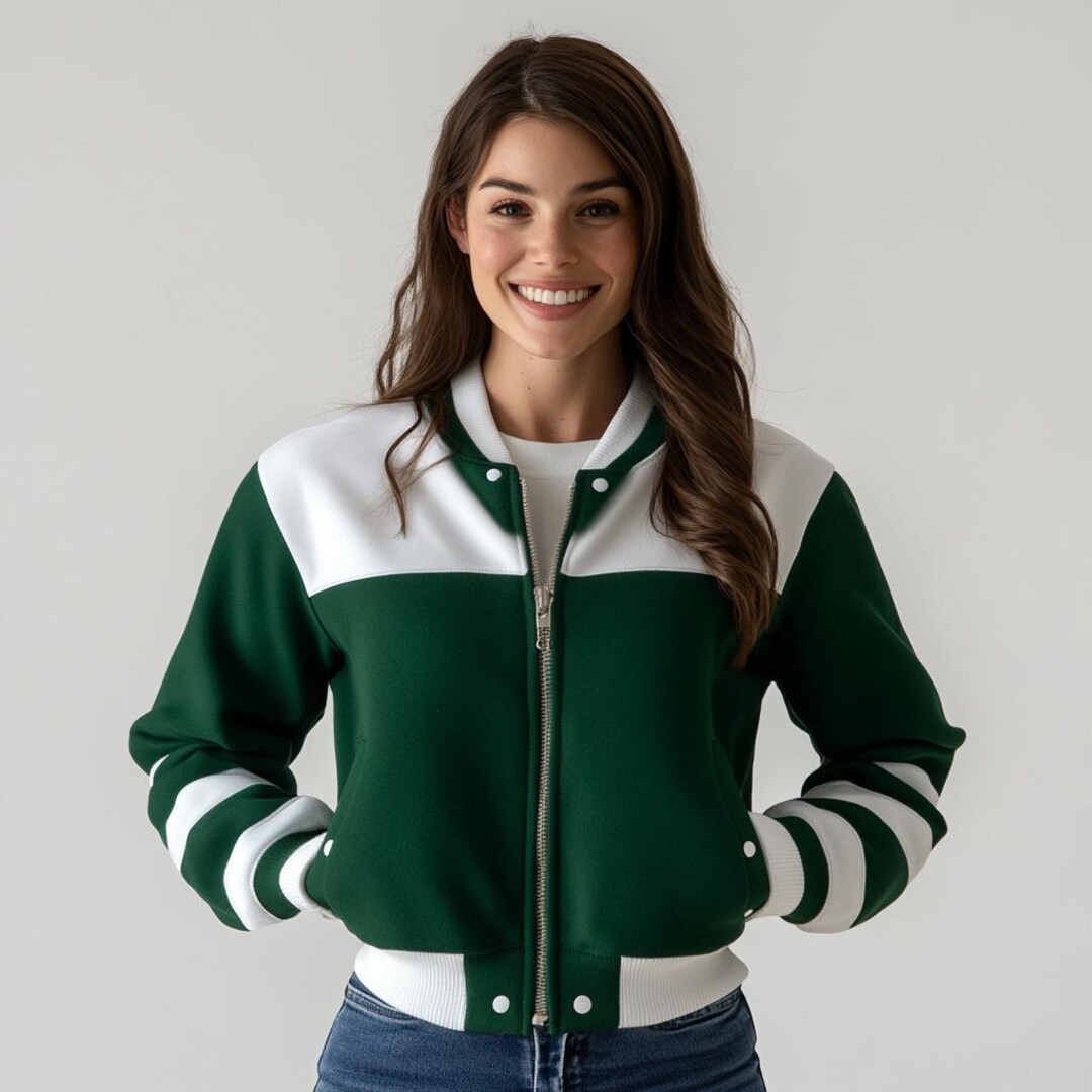 Women’s Varsity Jacket Green and White Letterman Bomber, Casual Button ...