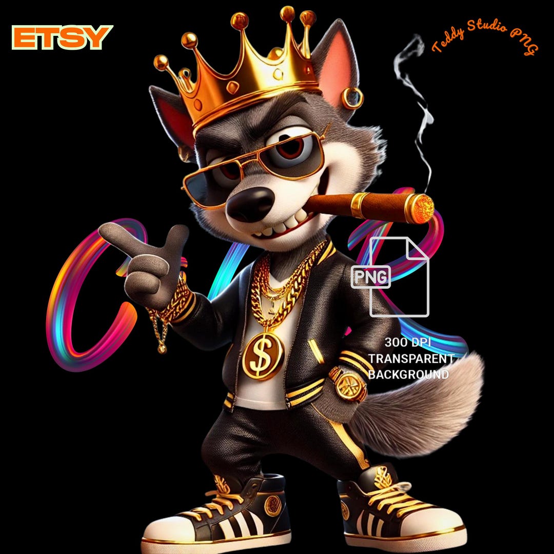Wolf With Royal Crown | Wolf Rapper With Cigar Clipart | Rapper Boy Art ...