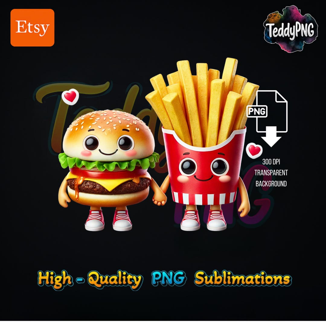 Perfect Match Burger and Fries PNG, Funny Food Clipart, Cute Burger and ...