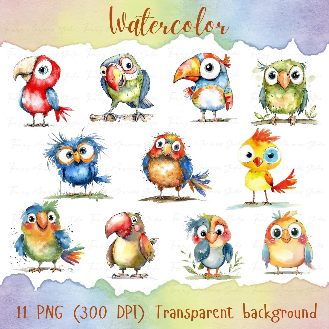 Watercolor Parrot Clipart Bundle: Tropical Bird PNG Images (digital ...