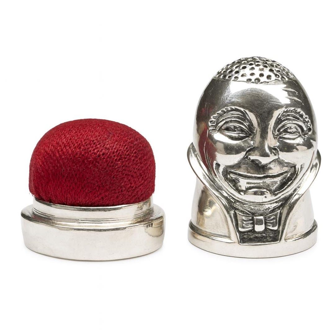 Silver Plate Humpty Dumpty Thimble and Red Velvet Pin Cushion Set ...
