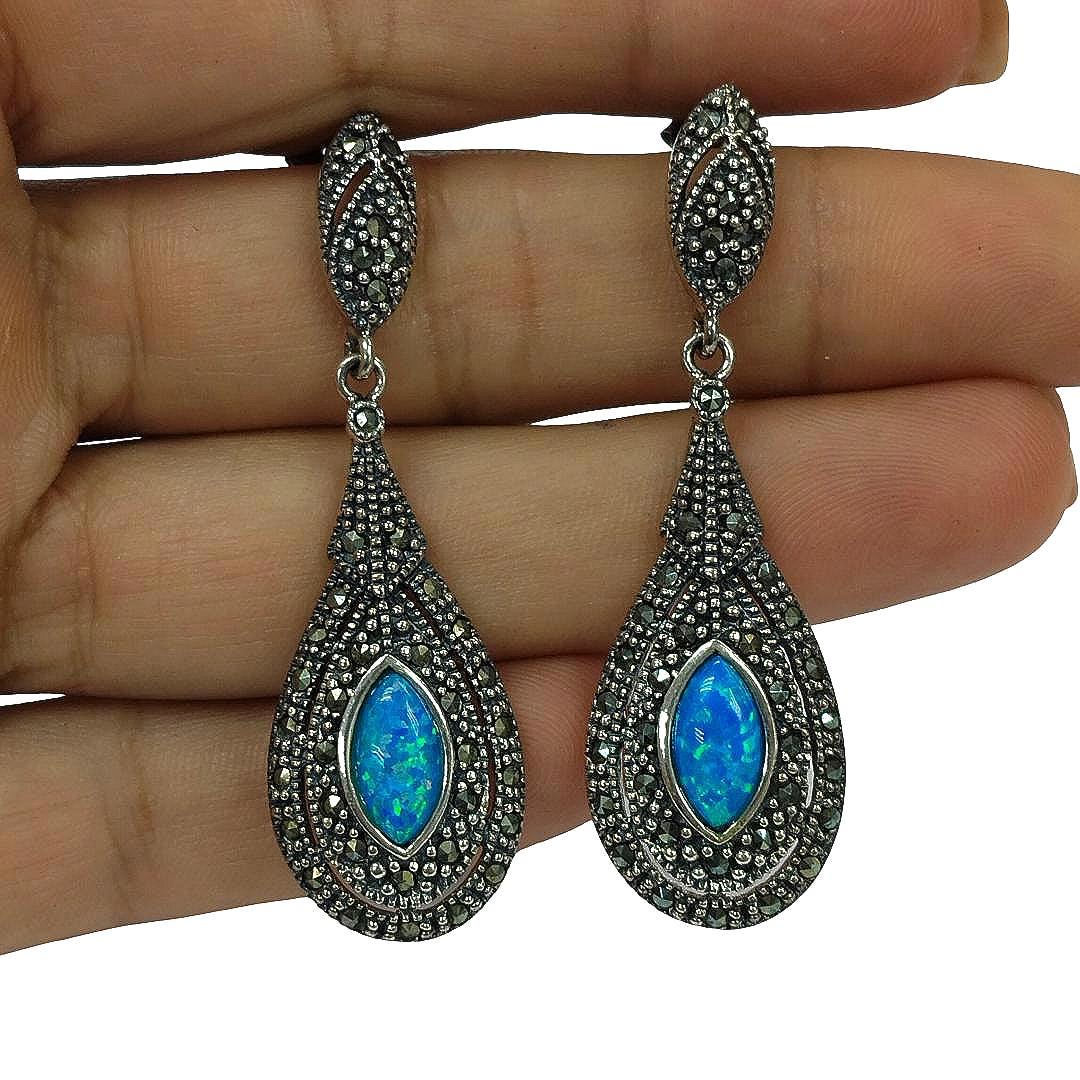Art Deco Inspired White Blue Gilson Opal and Marcasite 925 Sterling ...