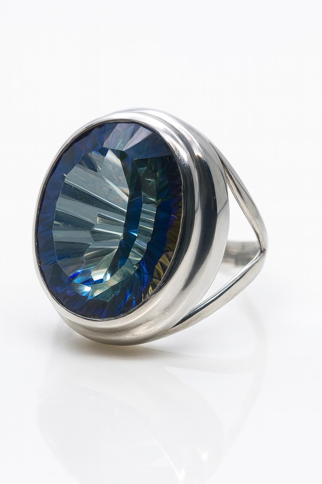 Mystic Topaz Oval Ring Round Blue Gemstone Statement Cocktail Ring in ...