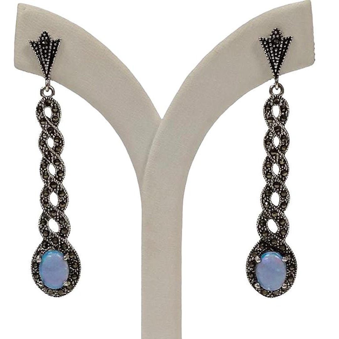 Art Deco Inspired White Blue Gilson Opal and Marcasite 925 Sterling ...