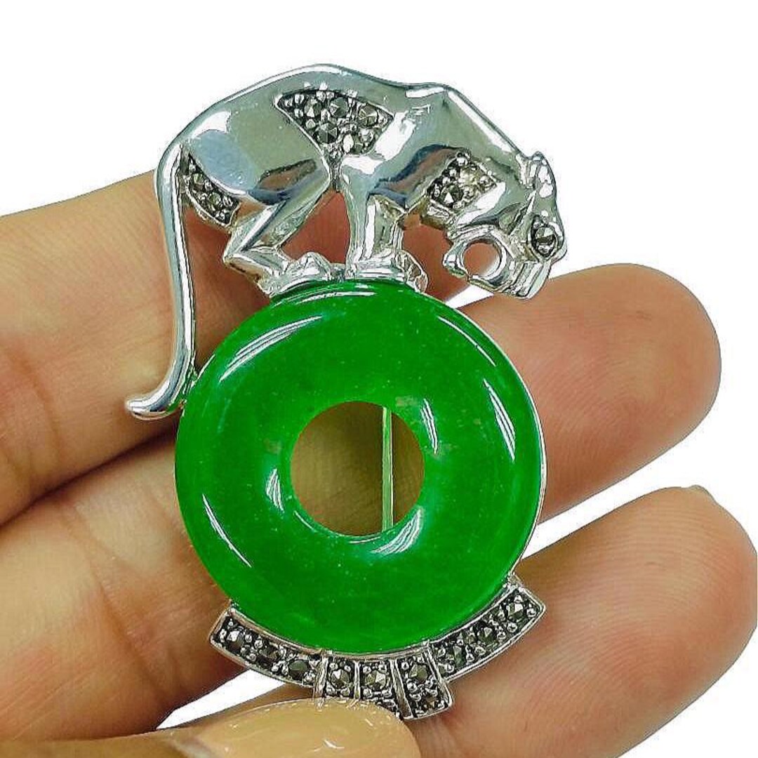 Art Deco Inspired Marcasite and Jade Panther Brooch 925 Sterling Silver ...