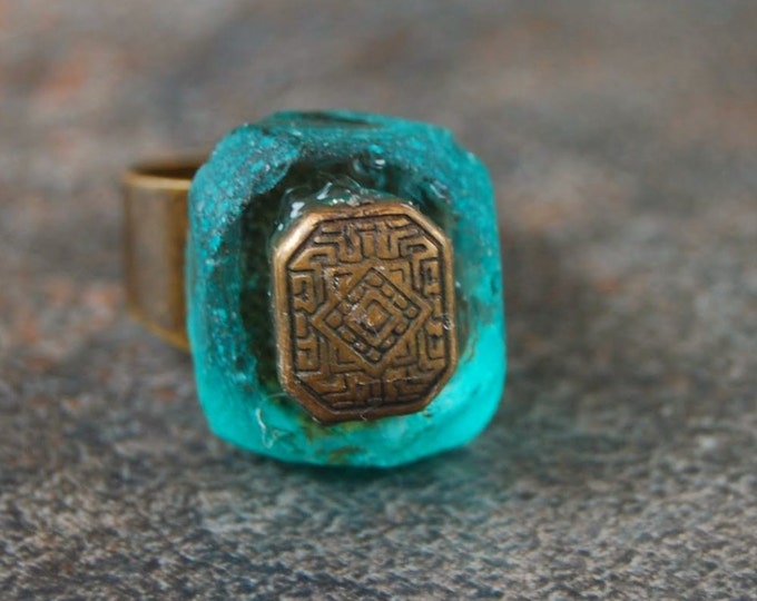 Sea Glass Ring, Turquoise Sea Glass Ring, Blue Ring, Brass Ring ...