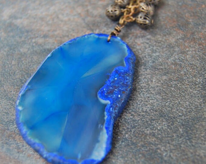 Long Blue Agate Necklace, Blue Geode Necklace, Long Brass Filagree ...