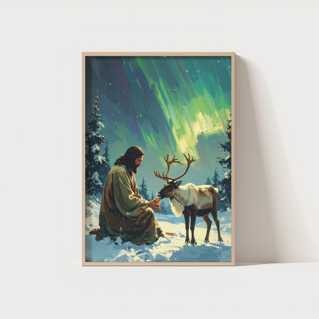 Jesus With Reindeer in Winter Forest, Christmas Christian Digital Print ...