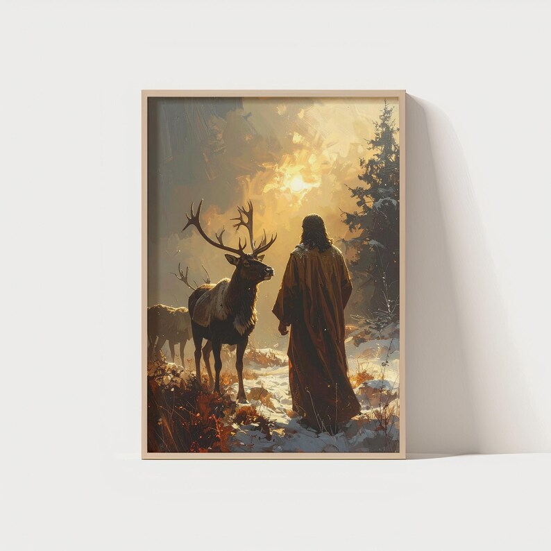 Christmas Jesus and Deer Wall Art – Religious Digital Download, Winter ...