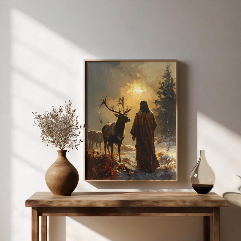 Christmas Jesus and Deer Wall Art – Religious Digital Download, Winter ...
