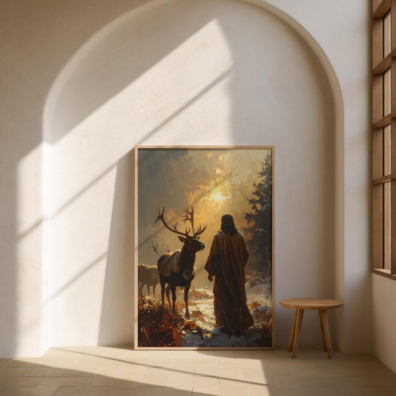 Christmas Jesus and Deer Wall Art – Religious Digital Download, Winter ...