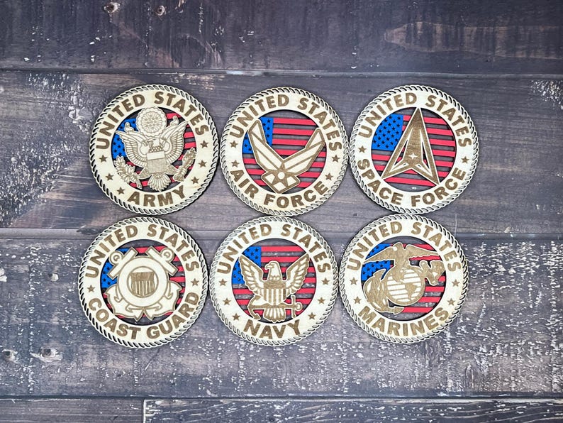 3-inch 6pc Wooden Military Emblem Bundle Engraved Plaques - Veteran ...