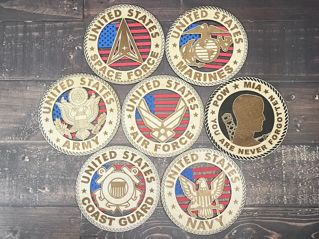 5-inch 7pc Wooden Military Emblem Bundle Engraved Plaques - Veteran ...