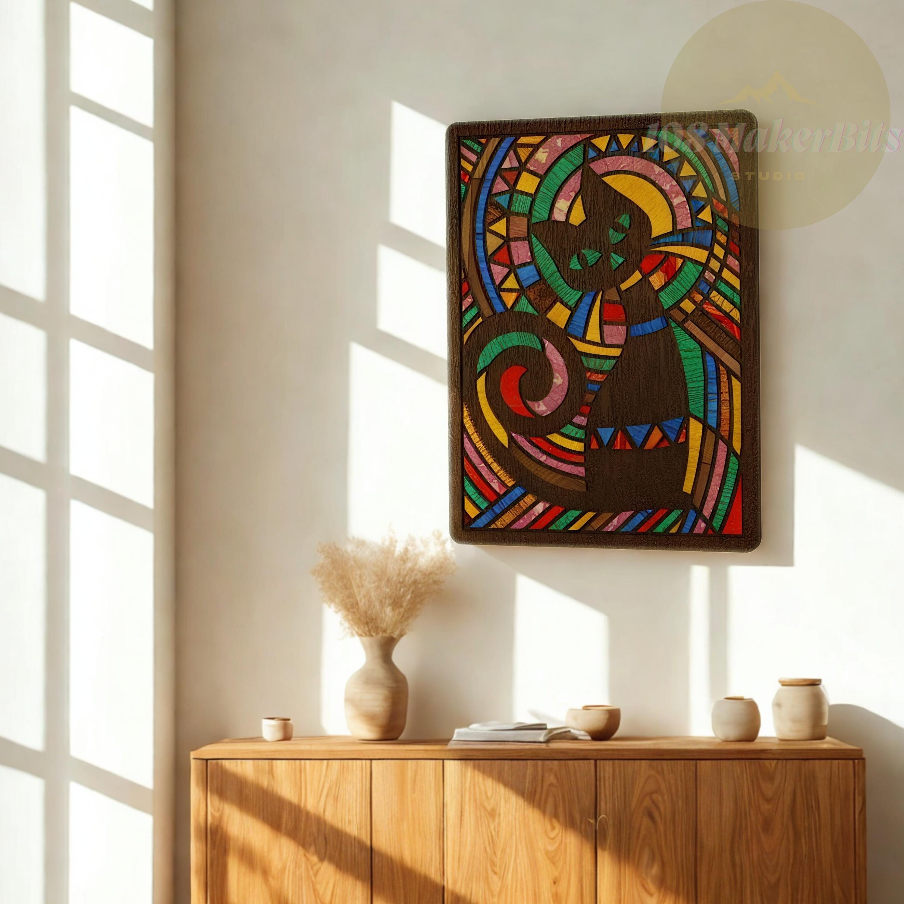 Cat Wall Art SVG Laser Cut File, Geometric Stained Glass Style Panel ...