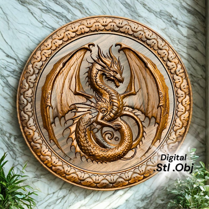 Round Dragon Bas Relief STL / OBJ File for CNC Wood Carving or 3D ...