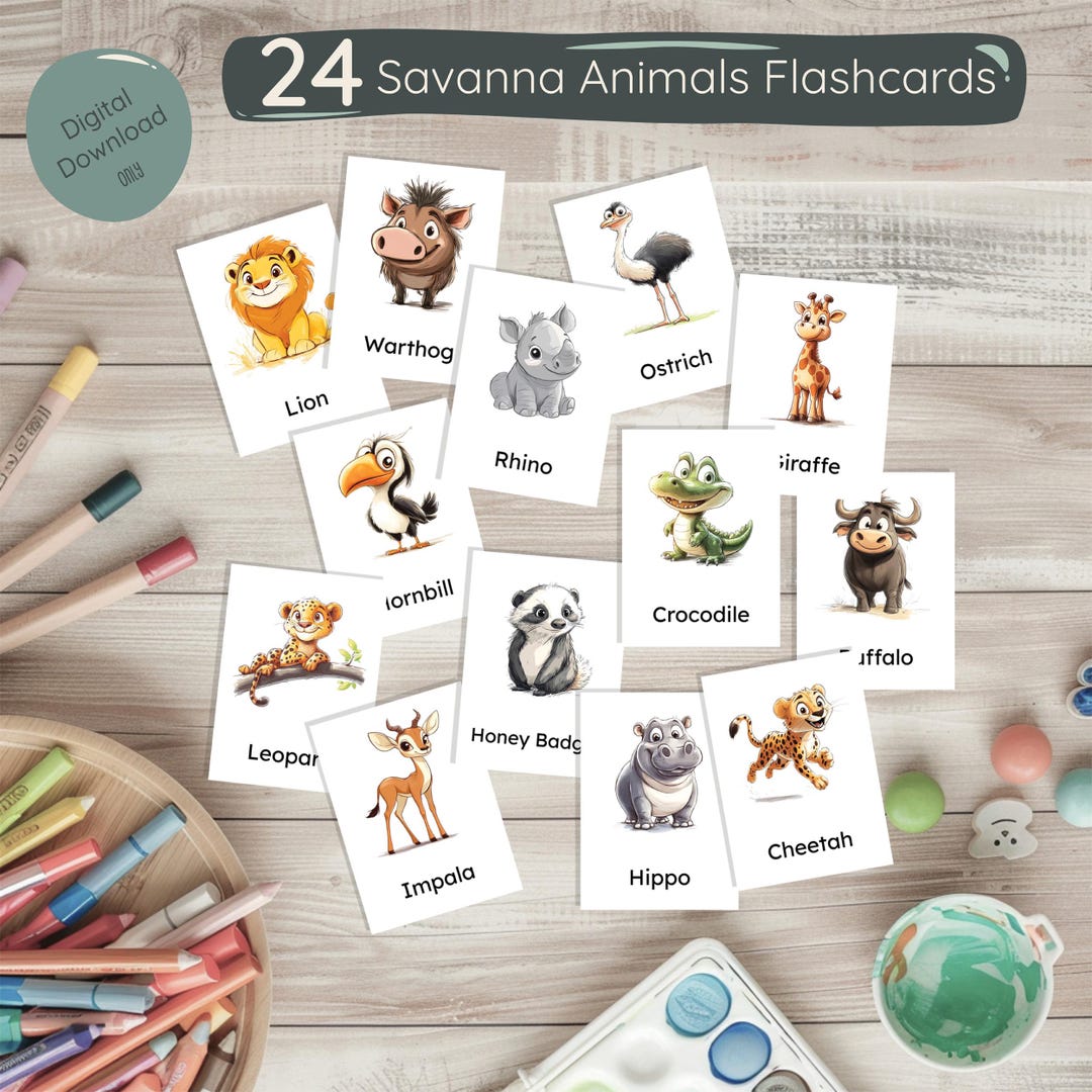 Savanna Animal Flashcards for Kids | 24 African Animal Cards + Picture ...