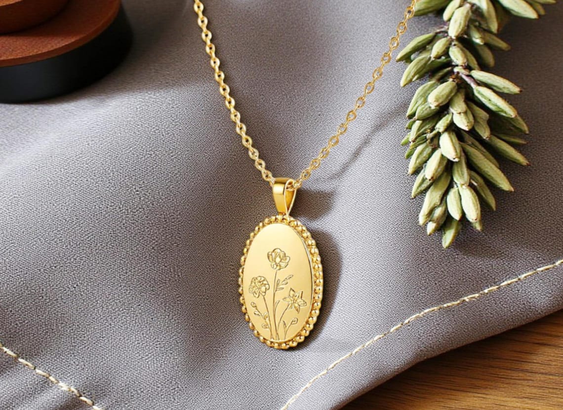 Personalized Lavender Necklace: Engraved Oval Pendant, Gold Silver Rose ...