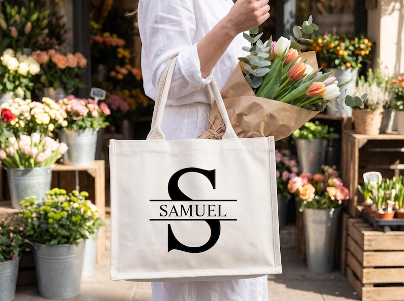 Monogram Tote Bag, Personalized Canvas Tote Bag for Him, Custom Initial ...