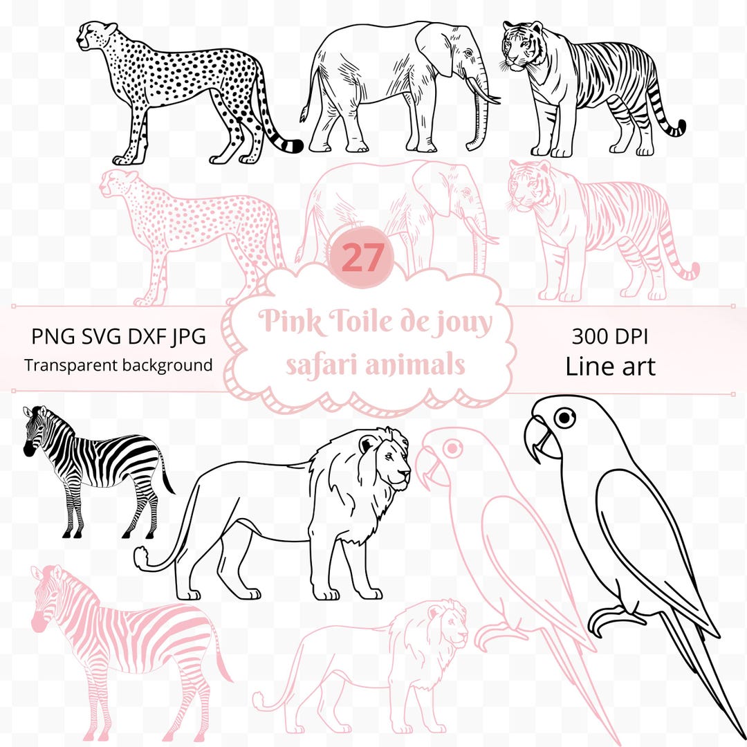Pink Black Toile De Jouy Safari Animals PNG SVG DXF Clipart Bundle ...