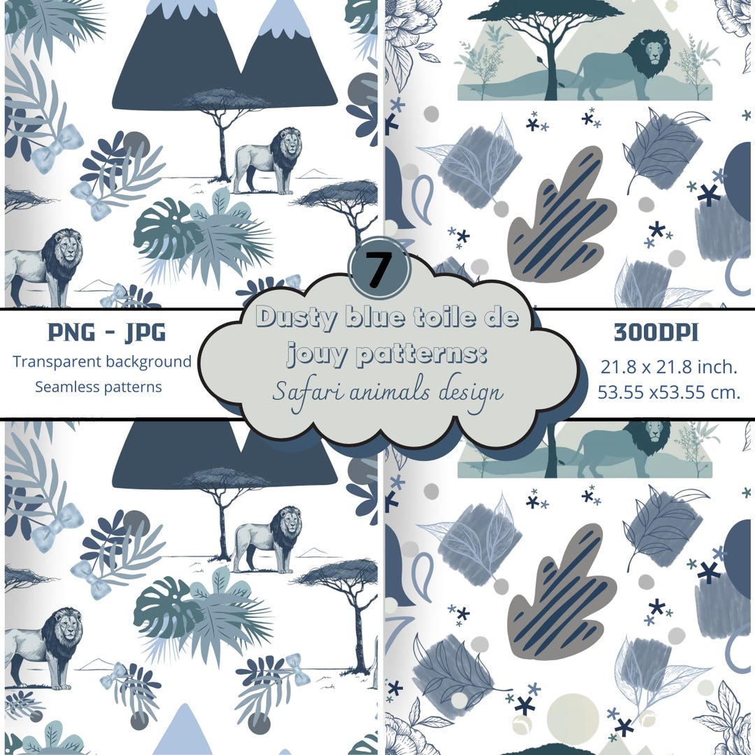 Blue Toile De Jouy Safari Animals Seamless Pattern PNG JPG Bundle ...