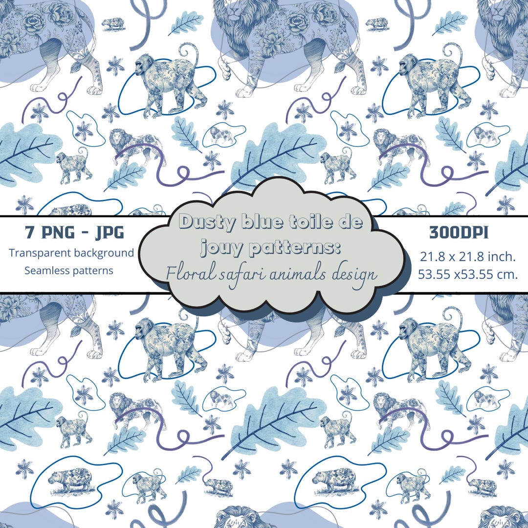 Dusty Blue Toile De Jouy Pattern: Floral Safari Animals (PNG JPG) - Etsy