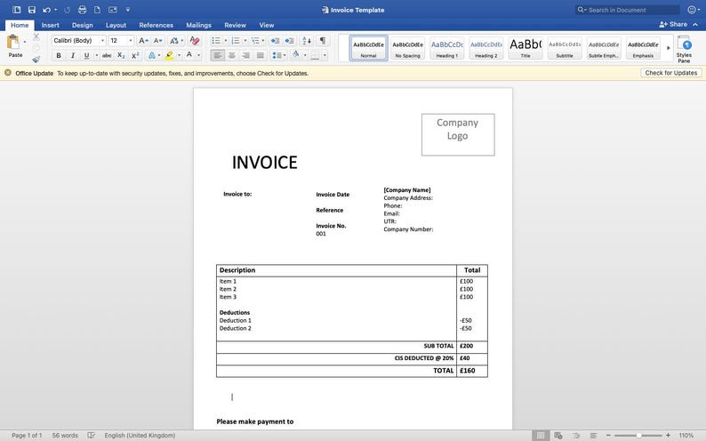Contractor CIS Invoice Template - Etsy