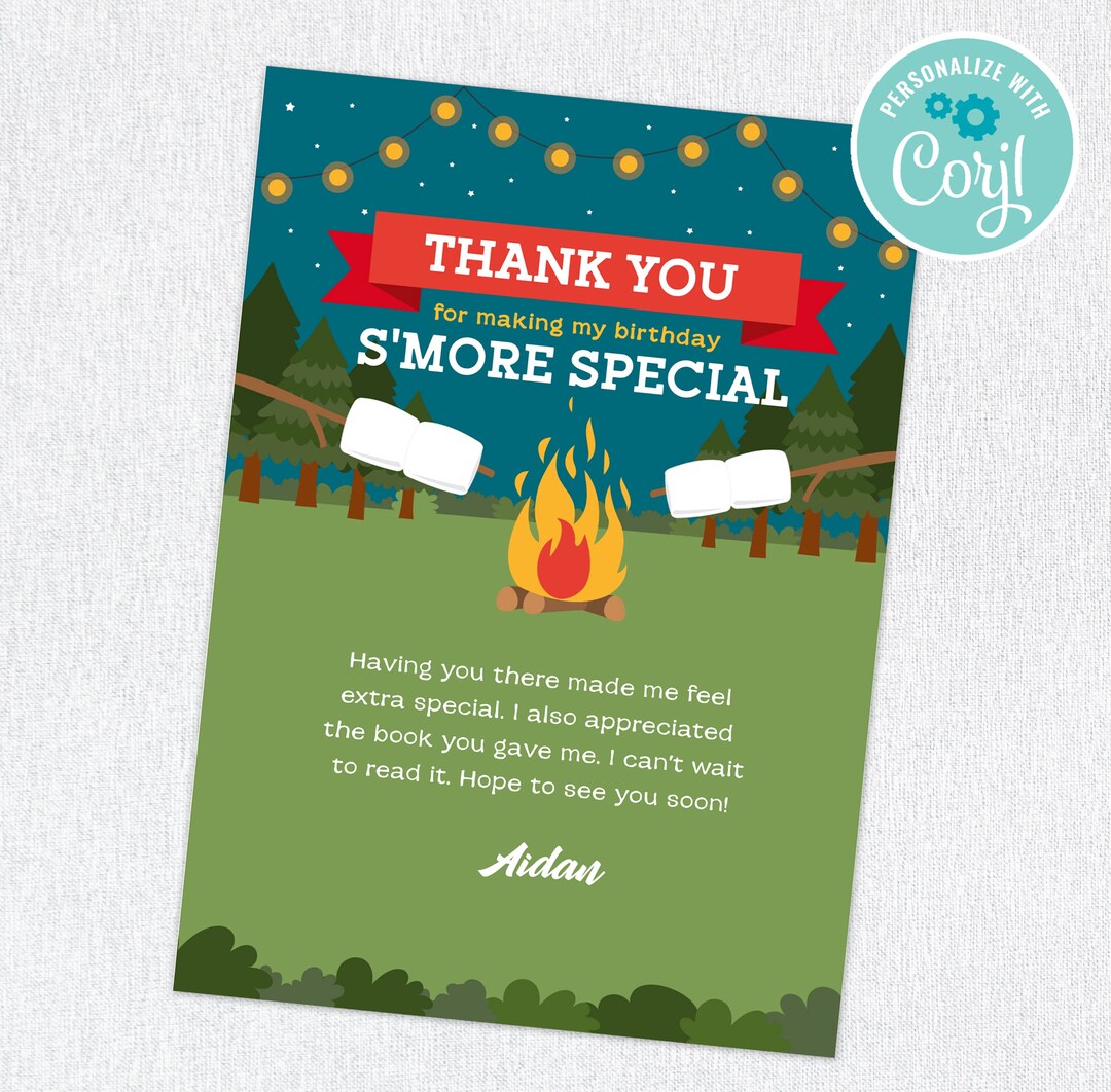 Camping Birthday Printable Editable Thank You Card Thank You Note - Etsy