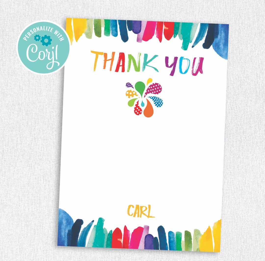 Art Party Birthday Thank You Card Paint Party Thank You Note Colorful ...