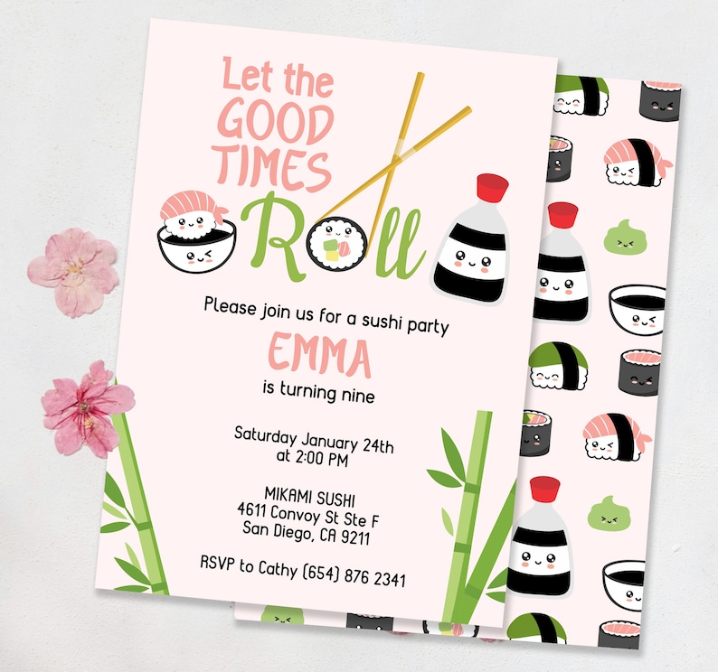 Sushi Party Invitation, Girl Sushi Party Invitation, Birthday ...