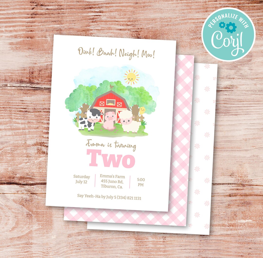 Pink Farm Party Invitation, Girl Farm Barnyard Invitation, Baby Shower ...