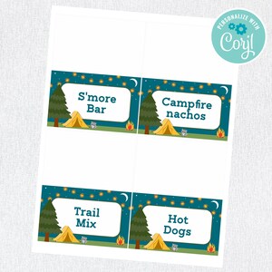 Camping Birthday Printable Editable Food Labels S'mores Bar, Trail Mix ...