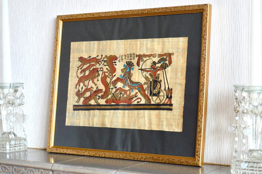 Framed Hand Painted Egyptian Lion Hunt Scene on Papyrus - Etsy
