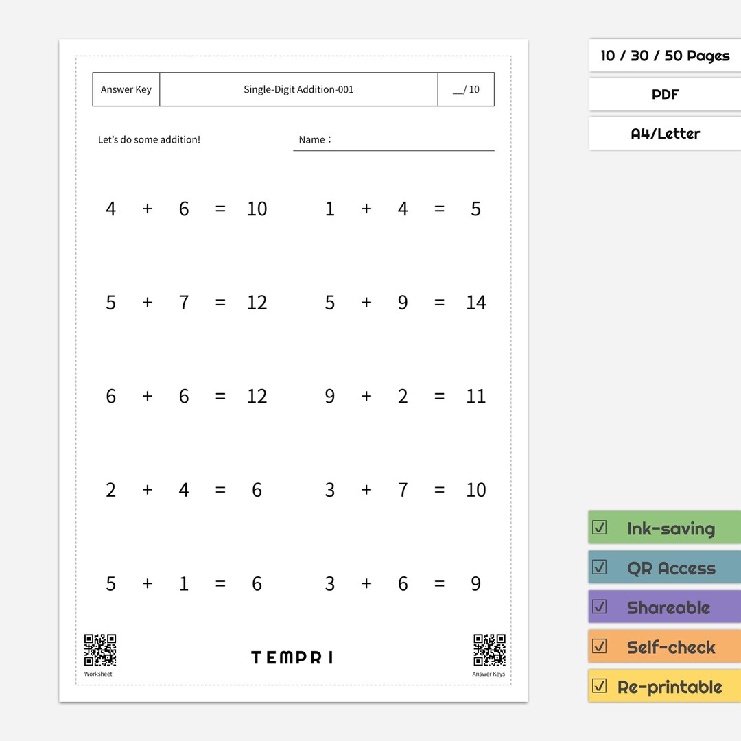 10 Single-digit Addition Worksheets - Etsy