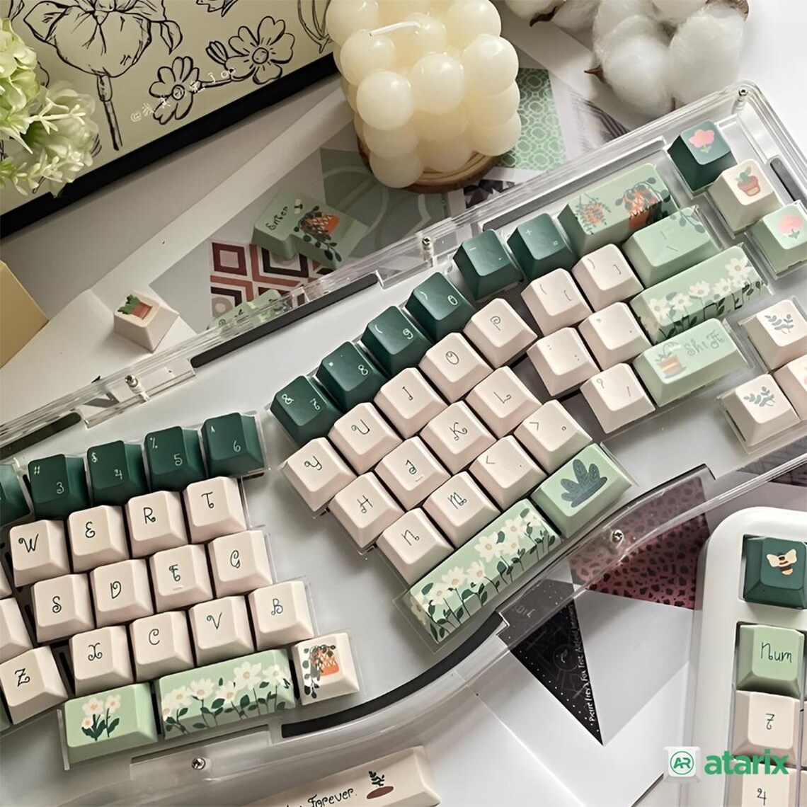 144 Keys Fresh Daisy Keycap Set, Green Plants Keycaps, Cherry Profile ...